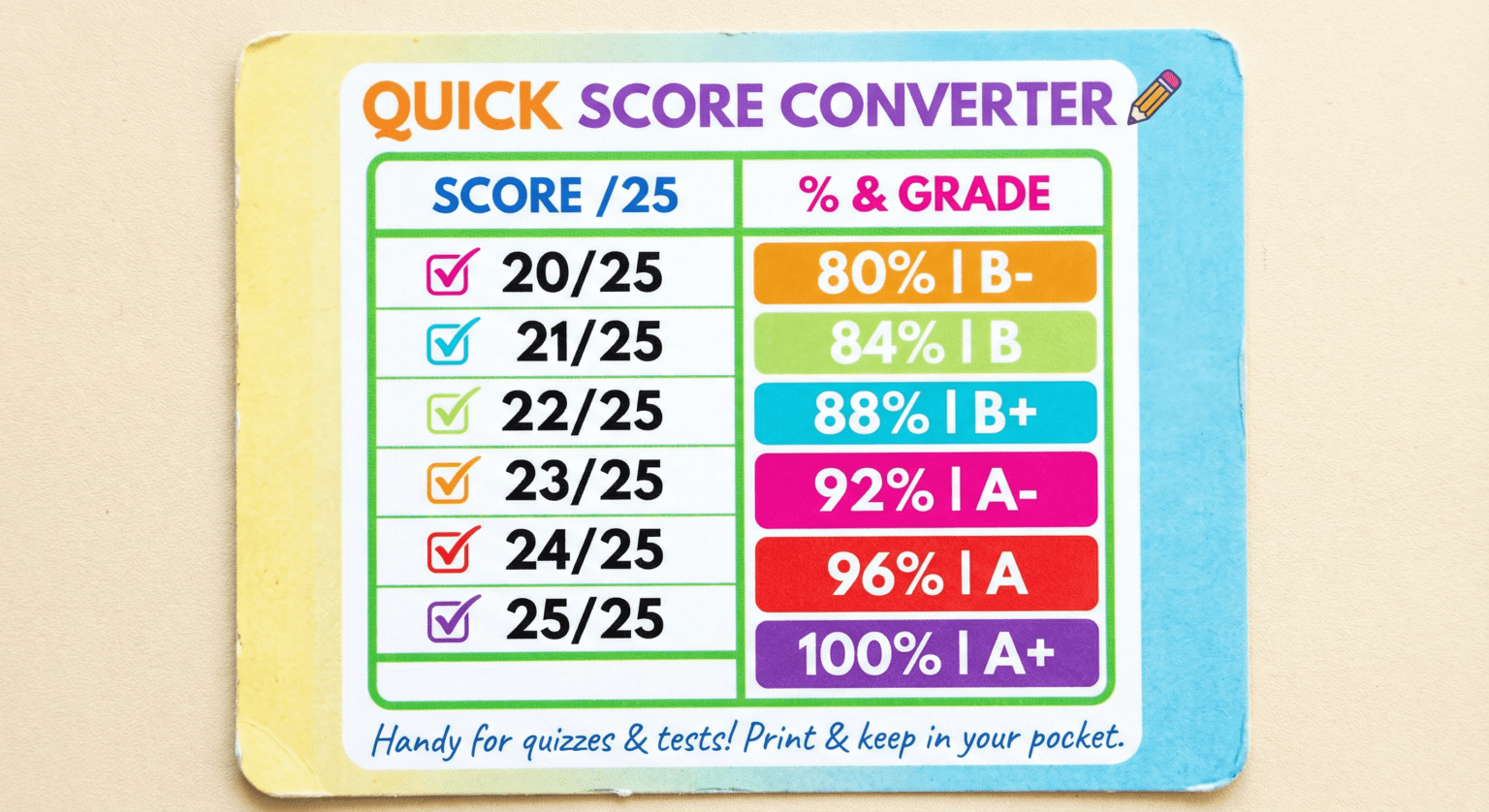 20 out of 25 as a Grade – Percentage & Letter Grade